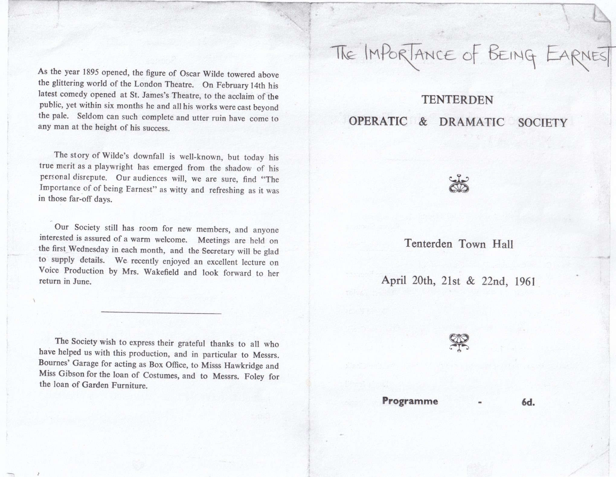 The Importance of Being Ernest 1961 – Tenterden Operatic and Dramatic ...